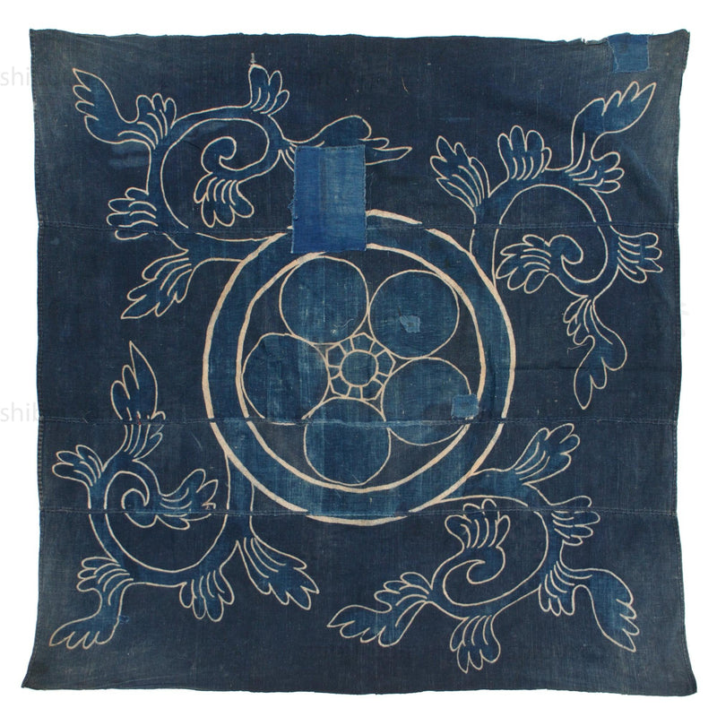 Japanese Tsutsugaki Indigo Furoshiki with Mon Family Crest Motif ...